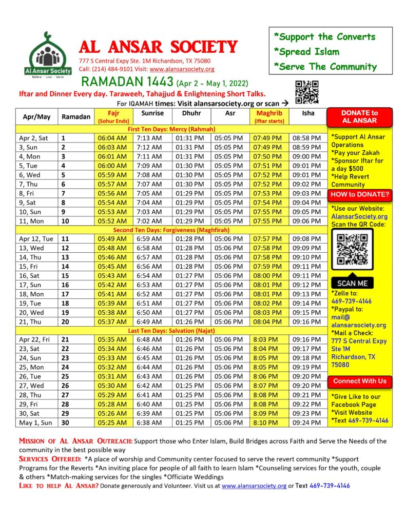 RAMADAN 2022 TIMETABLE – DALLAS – Al Ansar Society